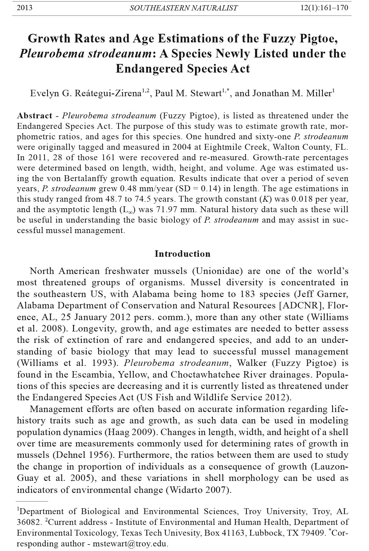 Southeastern Naturalist, Volume 12, Number 1 (2013): 161–170